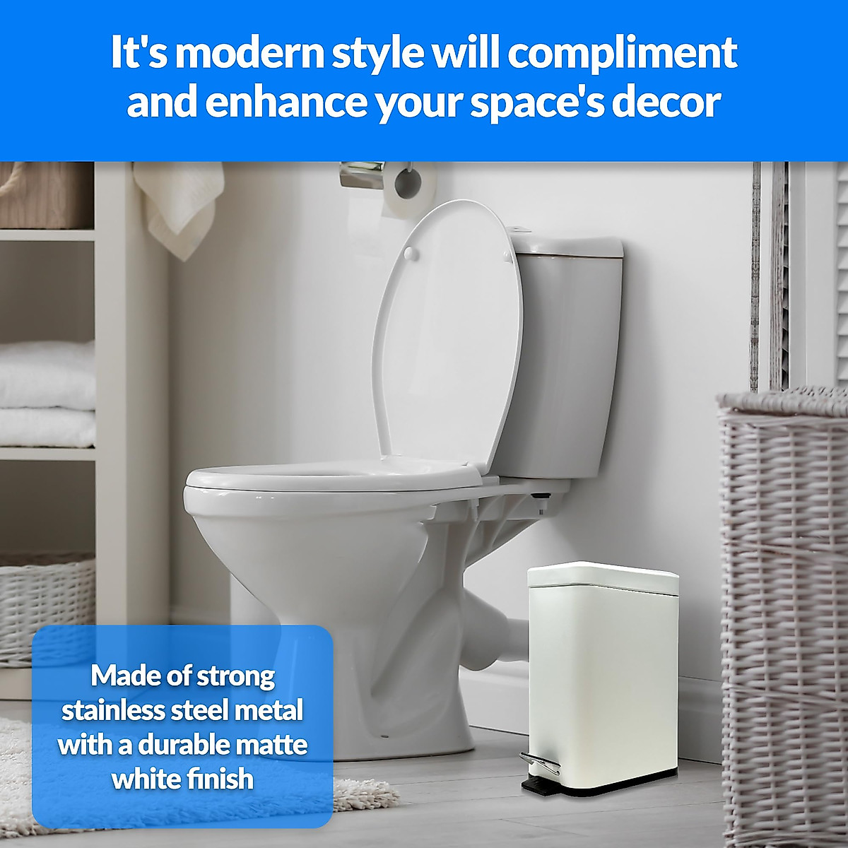 Reli. Small Trash Can with Lid, 1.3 Gallon (5 Liter) | Stainless Steel (White) | Small Bathroom Trash Can | Step Pedal Garbage Bin with Removable Bucket, Kitchen | Rectangular Metal Bin