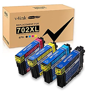 v4ink Remanufactured Ink Cartridge Replacement for Epson 702XL 702 T702XL T702 to use with Workforce Pro WF-3720 WF-3733 WF-3730 Printer, 4 Pack