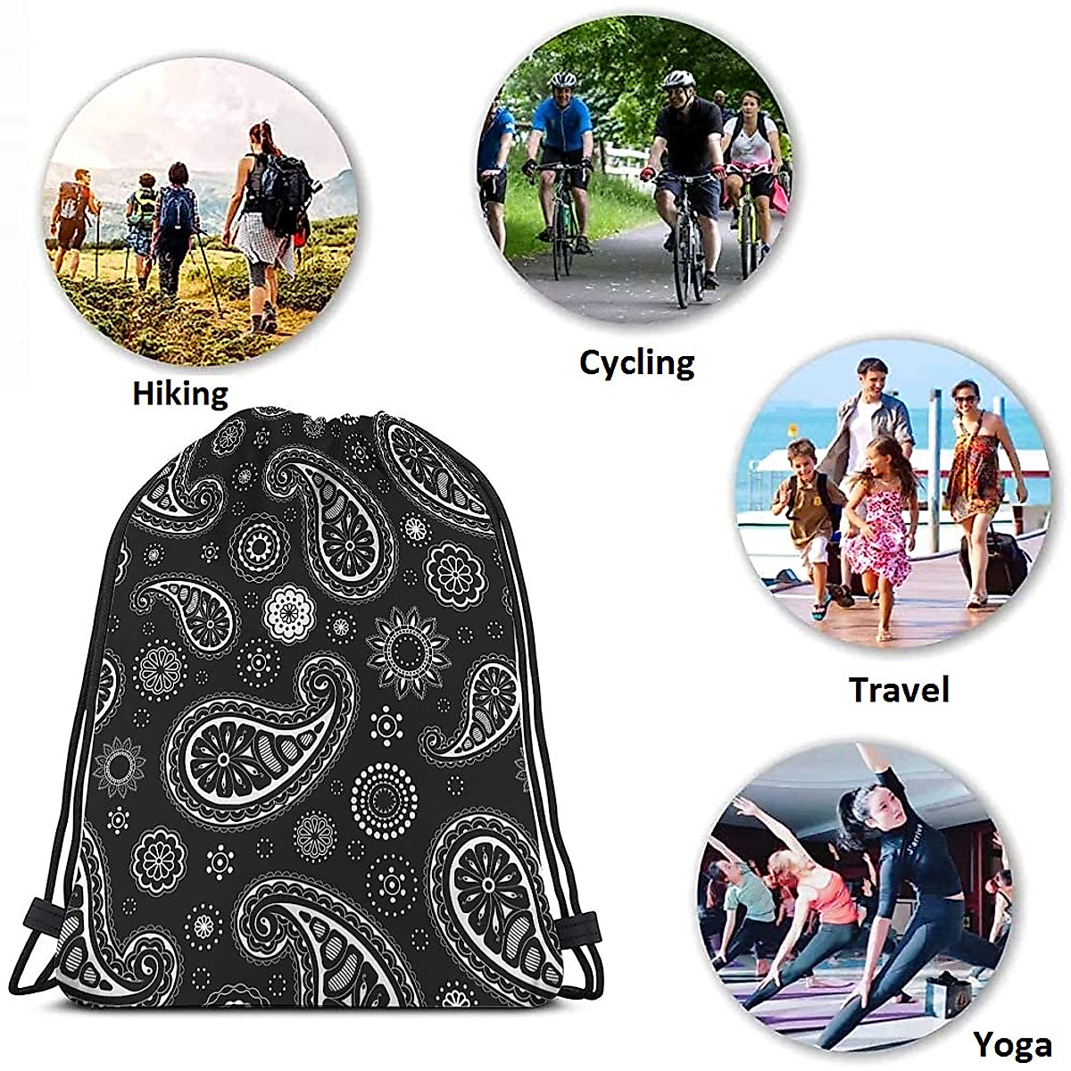 Beabes Paisley Pattern Drawstring Bags Backpack Bag Black White Floral Ethnic Asian Art Seamless Pattern Sport Gym Sack Drawstring Bag String Bag Yoga Bag for Men Women