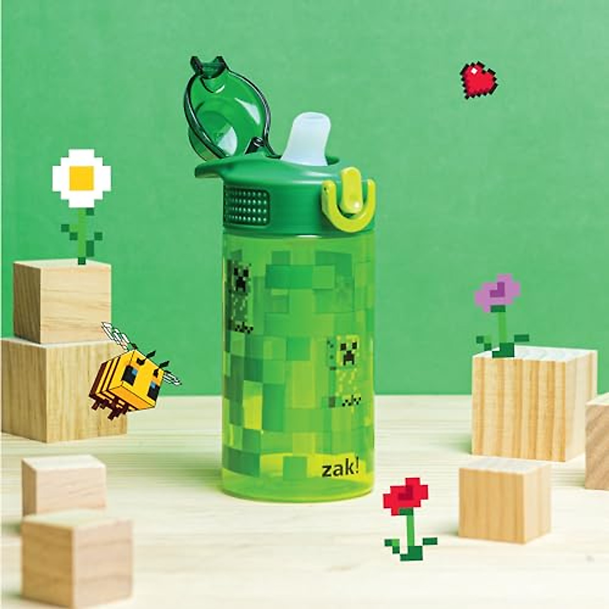 Zak Designs Sage Minecraft Kids Water Bottle For School or Travel, 16oz Durable Plastic Water Bottle With Straw, Handle, and Leak-Proof, Pop-Up Spout Cover (Creeper)