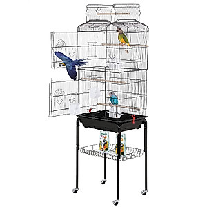 BestPet 64 inch Wrought Iron Bird Cage for Parakeets Medium Small Parrots Parakeet Cage with Detachable Rolling Stand & Play Open Top for Cockatiels Lovebird Finches Canaries (Black)