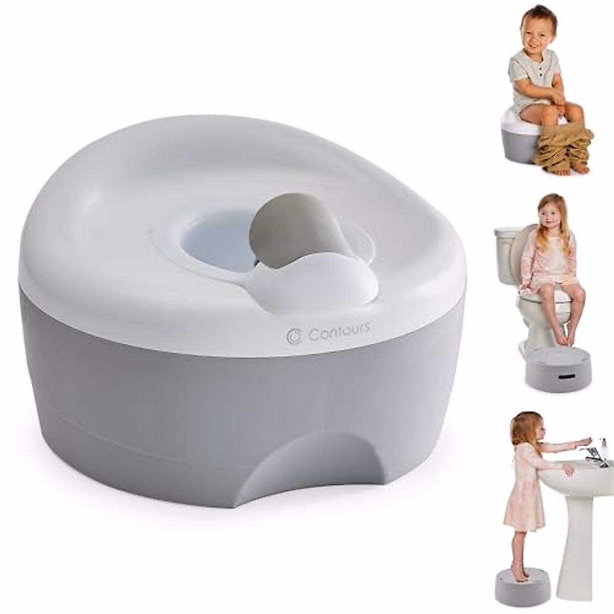 Contours Bravo 3-in-1 Potty Training Toilet Seat, Trainer and Step Stool, Easy to Clean Design with Removable Waste Cup and Splash Guard, Great for Travel, Perfect for Toddler Boys & Girls 1-3 - Gray