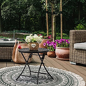 TeoKJ Folding Outdoor Side Tables, Anti Rust Small Patio Table Round Metal End Table with Flower Cutouts for Porch Yard Balcony Deck Lawn, Black