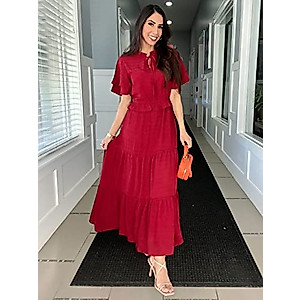 PRETTYGARDEN Womens Summer Boho Maxi Dress Short Sleeve V Neck Ruffle Trim High Waisted Tiered Party Flowy Long Dresses 2023 (Red, Large)