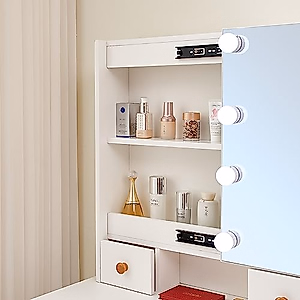 Vanity Desk with Mirror & Light, Large Drawer & Hidden Shelves Storage Dresser, 3 Lighting Modes Adjustable Brightness, Bedroom Dressing Table (White)