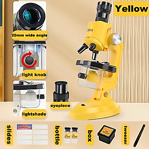 Ninyoon Large Eyepiece Microscope for Kids - Best Gift Kid Microscope Kit for Boy and Girl, 400X 1000X 1200X Educational Toy with 0.8inch Wide Angle Eyepiece Easier to Focus Observe (Yellow)