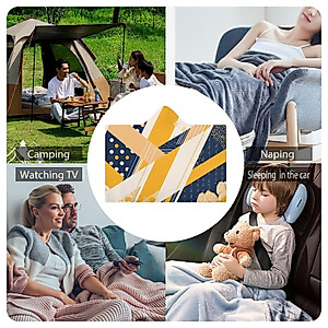 Elegant Navy Blue Mustard Yellow White Stripes Geomestry Hooded Blanket Spring Summer Flower Elegant Line Plush Warm Fluffy Blanket for Adult And Kids Comfortable Throw Blankets for Couch Bed 60"x80"