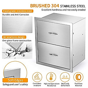 Outdoor Barbecue Drawers, Stainless Steel Kitchen Drawers with Handles, 2-Layer Design, Built-in Storage cabinets for Restaurant or Home use,BBQ Island,Terrace Barbecue Station (18W x 20.6H x 12.7D)