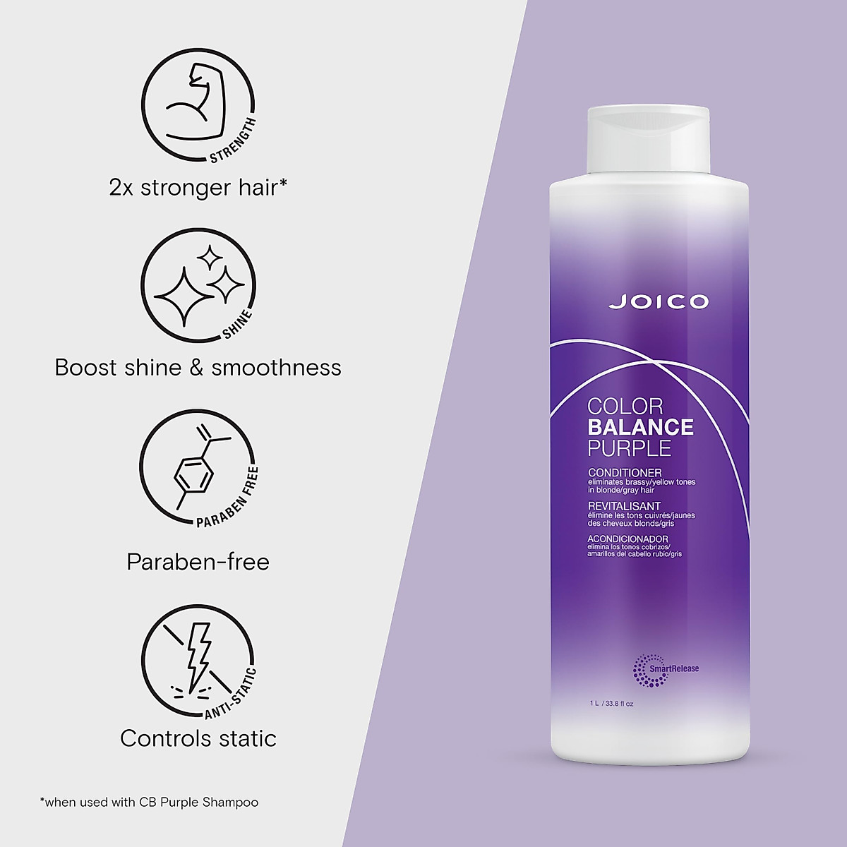 Joico Color Balance Purple Conditioner | For Cool Blonde, Gray Hair | Eliminate Brassy Yellow Tones | Boost Color Vibrancy & Shine | UV Protection | With Rosehip Oil & Green Tea Extract | 33.8 Fl Oz