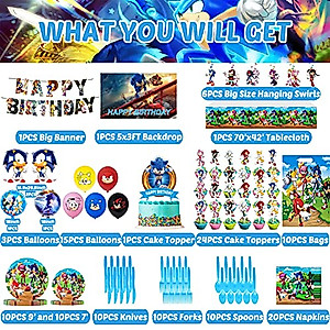 Sonic Birthday Party Supplies, Birthday Party Decorations Including Banners, Foil Balloons, Latex Balloons, Cake Toppers, Plates, Tableware, Backdrop and Tablecloth