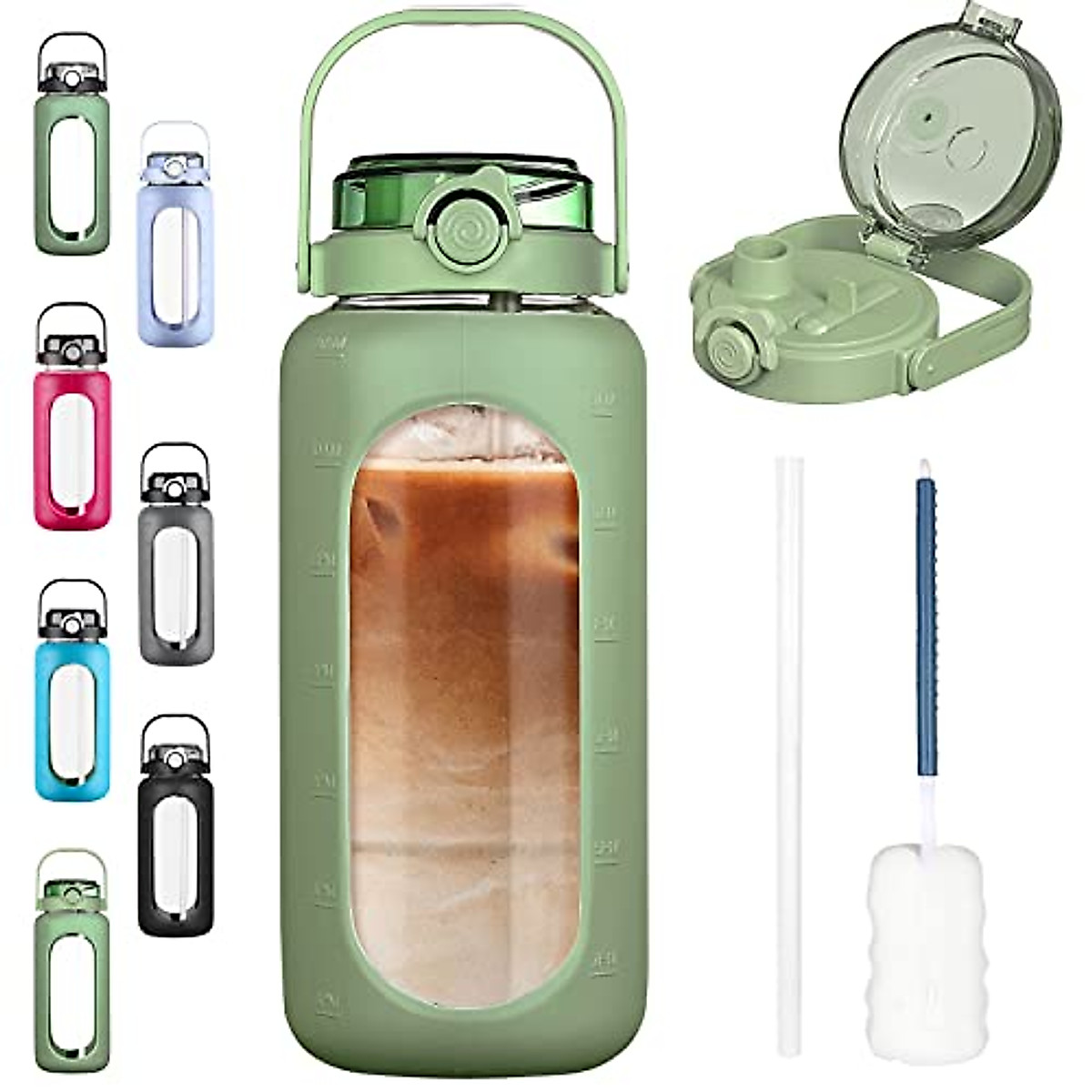 BLUEGO 64 oz Glass Water Bottles with Straw Time Marker Half Gallon Large Motivational Bottle Silicone Sleeve 2 Liter Jug for Gym, Sports& Workout, Olive