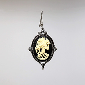 Gothic Lolita Skull Cameo Ivory on Black Dangle Earrings with Austrian Crystals