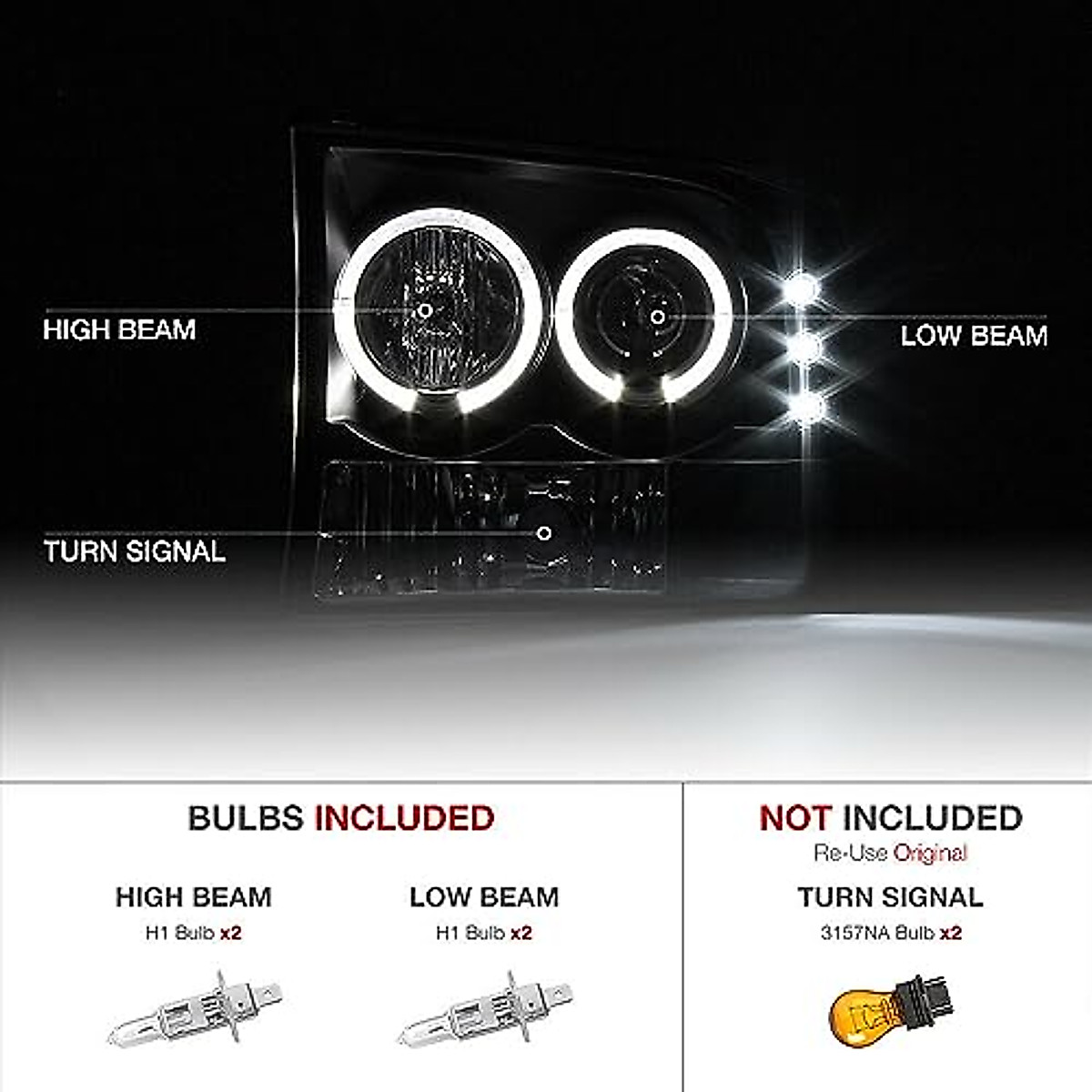 2pcs Headlight Halo Projectors Front Left Right Driver Passenger Side Smoked Lens Housing Smoke Halo Corner Headlights for Excursion for F450/F350/F250 SuperDuty FO2521141 FO2503183