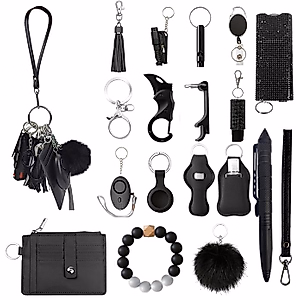 Araafur Wristlet Keychain Set with RFID Wallet Card Holder and Bottle Opener, Car Keychain Accessories for Women (Black keychain set)