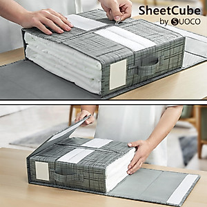 SheetCube 4 Pack Bed Sheet Organizers and Storage, Foldable Bedding Storage Box Container with Window and Label, Linen Closet Organizer Folder for Blanket, Duvet Cover Set, Bed Sheet Set - Grey