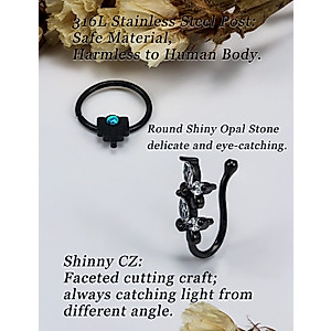 8Pcs 20G Nose Rings Hoop Chain Piercing Surgical Steel Fake Faux Nose Septum Ring Jewelry for Women Crystal Leaf Butterfly Rook Helix Cartilage Daith Piercing Jewelry,Black Nose Clip 8mm Cuffs