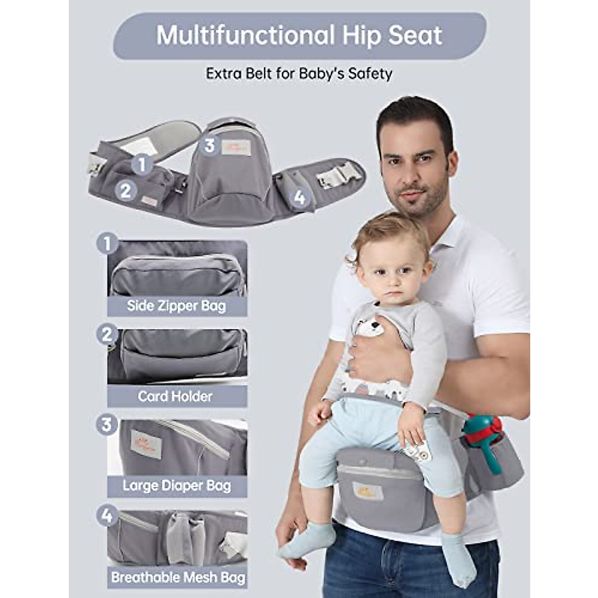 Baby Carrier Newborn to Toddler, Mumgaroo Ergonomic 6-in-1 Baby Carrier with Hip Seat Complete All Seasons, Adjustable & Removable Baby Holder Backpack with Baby Hood 0-36 Months (Grey)