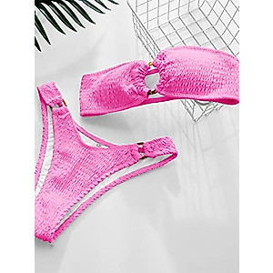 WDIRARA Women's 2 Piece Strapless Smocked Ring Bandeau Bikini Set Swimsuit Bathing Suits Pure Pink Solid XS