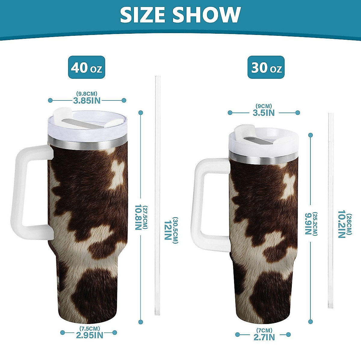 Nesatuwa 40 oz Cow Print Tumbler with Handle and Straw Lid,Reusable Stainless Steel Vacuum Insulated Tumbler Leakproof Travel Coffee Mug for Iced and Hot Beverages