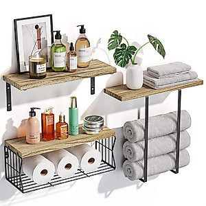 HAMITOR Floating Shelves Wall Mounted Over Toilet: Bathroom Shelf with Towel Rack Paper Holder Storage - Rustic Wood Farmhouse Shelves for Wall Decor/Bathroom