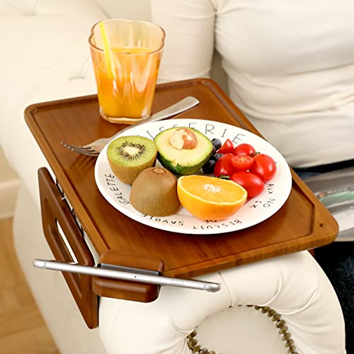 Bamboo Sofa Arm Tray Table Clip for Couches Arm, Multi-Function Foldable Side Table Couch Arm Tray with 360° Rotating Phone Holder, Suitable for Home Drinks/Remote/Snacks/Fast Food Et (Brown)