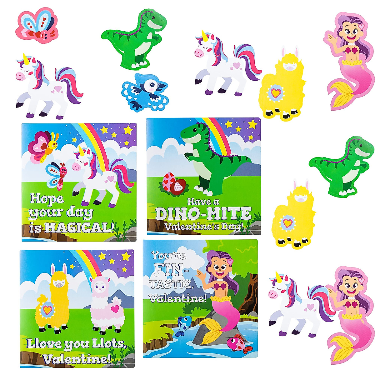 JOYIN 28 Packs Valentines Cards With Stickers (Unicorn, Dragon, Llama, Mermaid) for Kids Party Favor, Classroom Exchange Cards,Anniversary and Birthday,Gift Cards, Greeting Cards,Arts & Craft