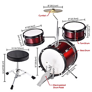 AW Drum Set with 3 Piece Drums Bass Tom Hi-Hat 4pcs Drumsticks Seat Cymbal Throne Stool Kids Musical Instruments Kit Red