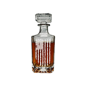Rogue River Tactical Tattered Worn American US Flag USA Patriotic Whiskey Decanter With Airtight Glass Stopper Custom Gift For Men Dad Veteran Father's Day