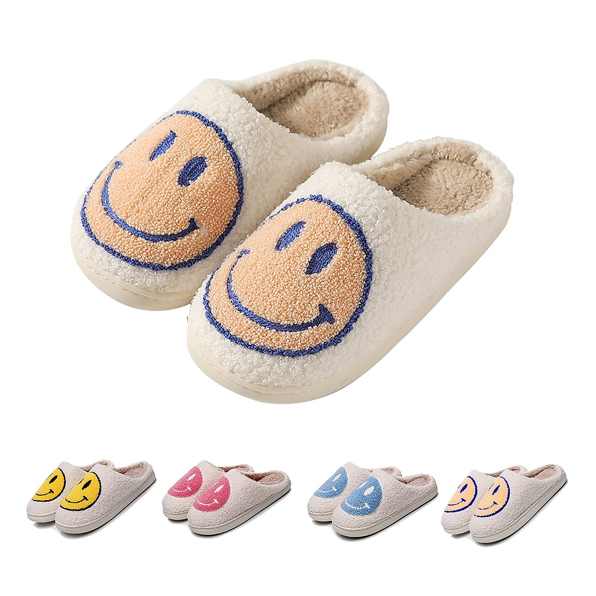 FACAXEDRE Smile Face Slippers for Women Fuzzy Happy Face for Woman Ladies Bedroom Woman Indoor and Outdoor Retro Home House Beige 7-8