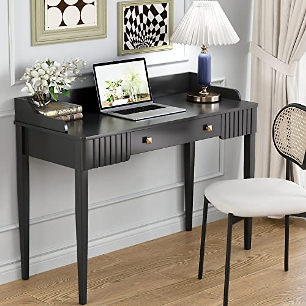 ukorua White Vanity Desk Wooden Desk with Drawer Modern Desk Computer Desk White Makeup Table with Gold Handle (Black)