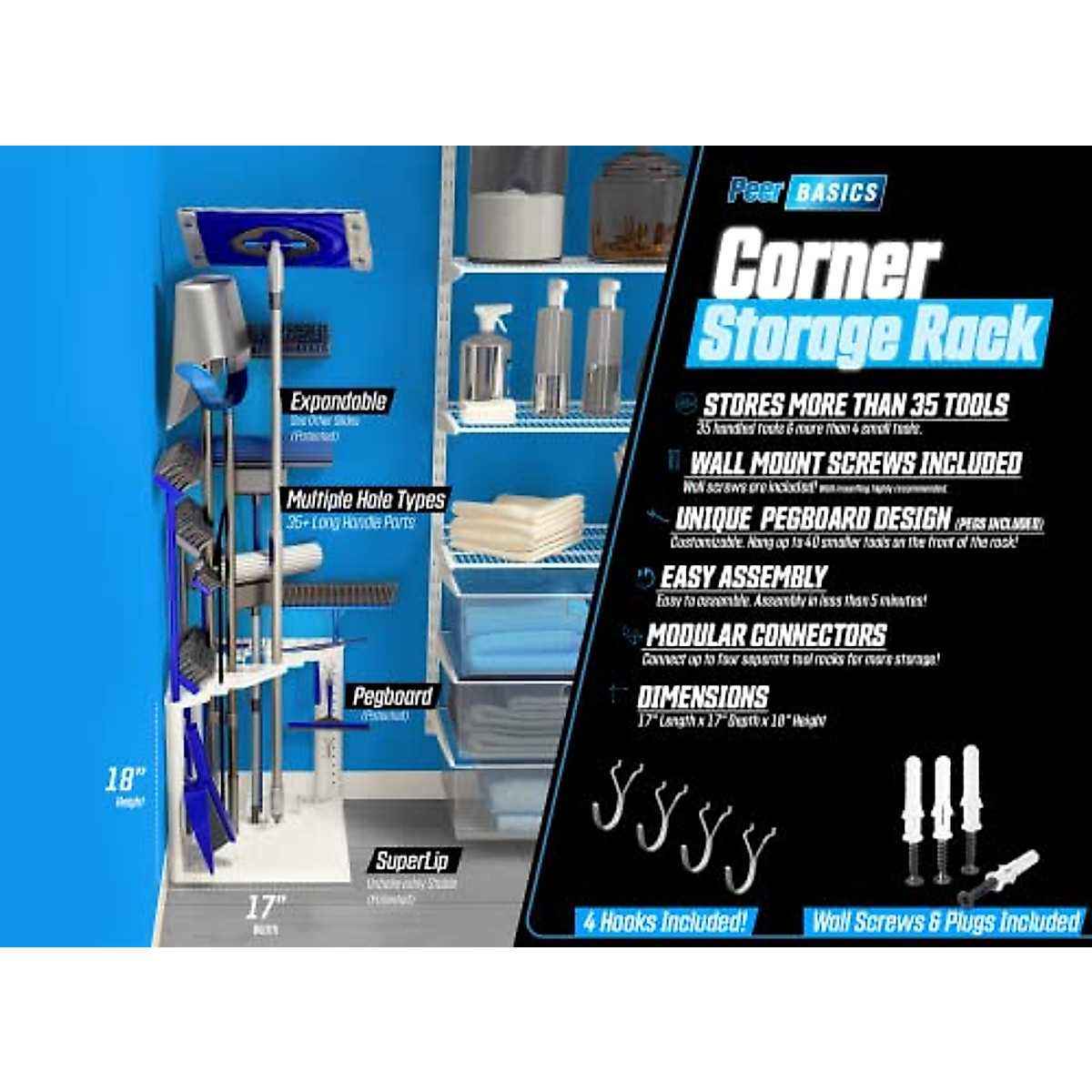 PeerBasics Corner Storage Rack, Home Tool Storage Organization, Up to 35 Tools like Mops Brooms Towels Dust Pan Squeegee, House Closet Garage Garden Yard Plus Pegboard