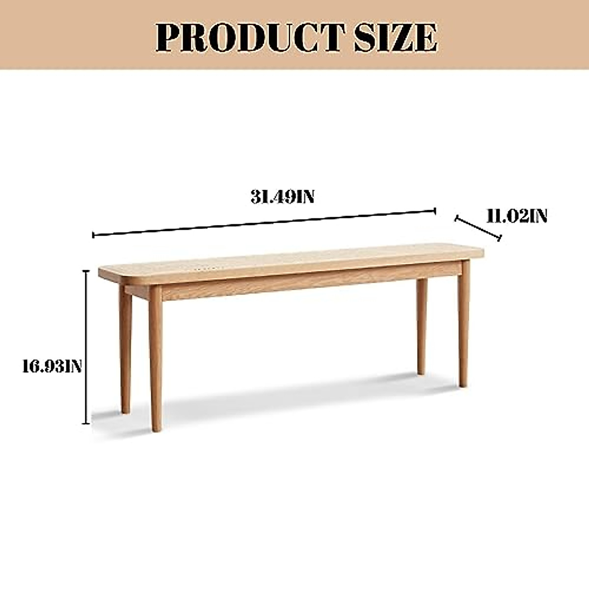 Grewood Wood Dining Bench,100% Natural Solid Oak Bed Bench with Rattan Design, Rounded Edge, Bench for Entryway Hall, Dining Room,Bedroom, Living Room (Natural Color, 31.49 inch)