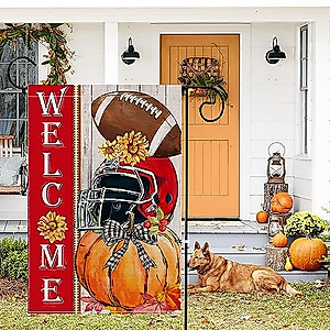 Fall Garden Flag, Welcome Fall Football Yard Flag 12x18 Double-Sided Autumn, Fall Football Pumpkins Welcome Garden Flags Burlap Signs Home Decorations Outdoor Farmhouse