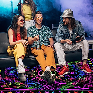 EISKBC Blacklight Burning Sun Area Rug, Neon UV Reactive Celestial Moon Star Planet Throw Rug, Non-Slip Fluorescent Boho Hippie Floor Mat Carpet, Glow in The Dark Bedroom Home Decor 70x47inch