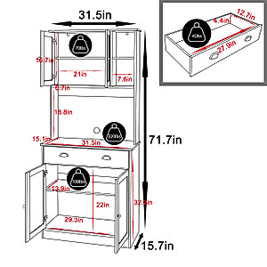 MUPATER 72'' Kitchen Pantry Cabinet Storage Hutch with Microwave Stand, Freestanding Pantry Buffet Cabinet with Adjustable Shelves, Cupboard and Drawer for Home, Blue