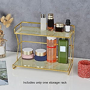 ETIGER Makeup Organizer, 2 Tier Bathroom Cosmetic Storage Shelf, Decorative Wire Vanity Organizer Basket with Marbling Glass Tray(White)