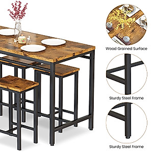 AWQM 5 Piece Bar Table Set, Modern Counter Height Dining Table and Chairs Set for 4, Wood Kitchen Table and 4 Bar Stools for Small Spaces, Apartment, Pub, Dining Room (Rustic Brown)