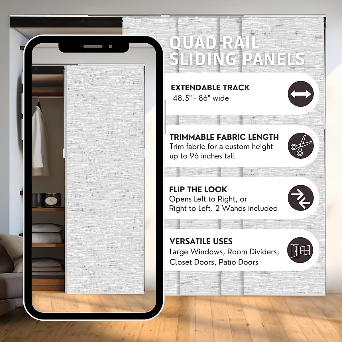 CHICOLOGY Embossed Textured Weave Fabric, Sliding Door Blinds , Room Divider ,Vertical Blinds for Patio Doors , Sliding Glass Door Blinds, Chalk White, W:46-86 x H: Up to-96 inches