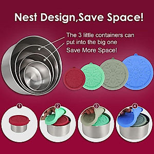 LIHONG Stainless Steel Containers with Lids,Snack Containers,Sauce Containers,Lunch Box,Rustproof,Leakproof,Easy Open,Set of 4(3.4oz,7oz,13oz,21oz)