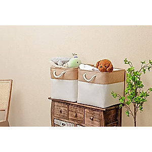 Large Cube Storage Baskets Organizer (10.5" x 10.5" x 11") for Clothes Toys Towel Books, Canvas Fabric Sturdy Collapsible Storage Boxes with Cotton Handles for Closet, Shelves (Beige/Brown, 6 Pack)