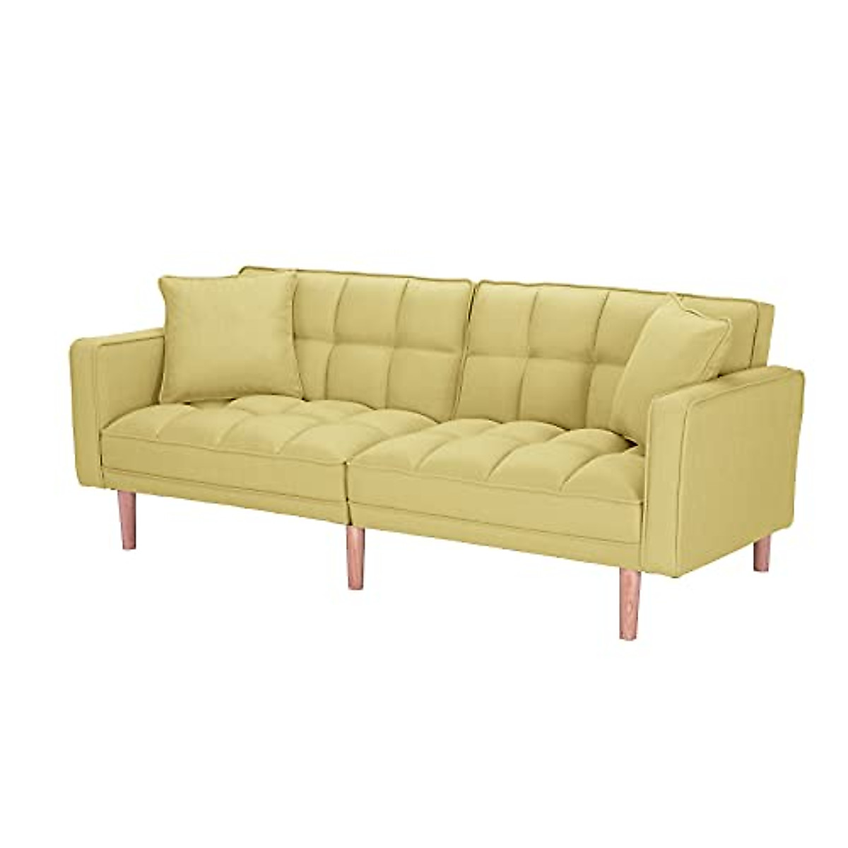 KoiHome Futon Sleeper Sofa Adjustable Back and Two Pillows, Modern Chaise with Conical Solid Wood Legs, Contemporary Home Furniture for Living, Bedroom,Office,Waiting Room, Polyester, Yellow