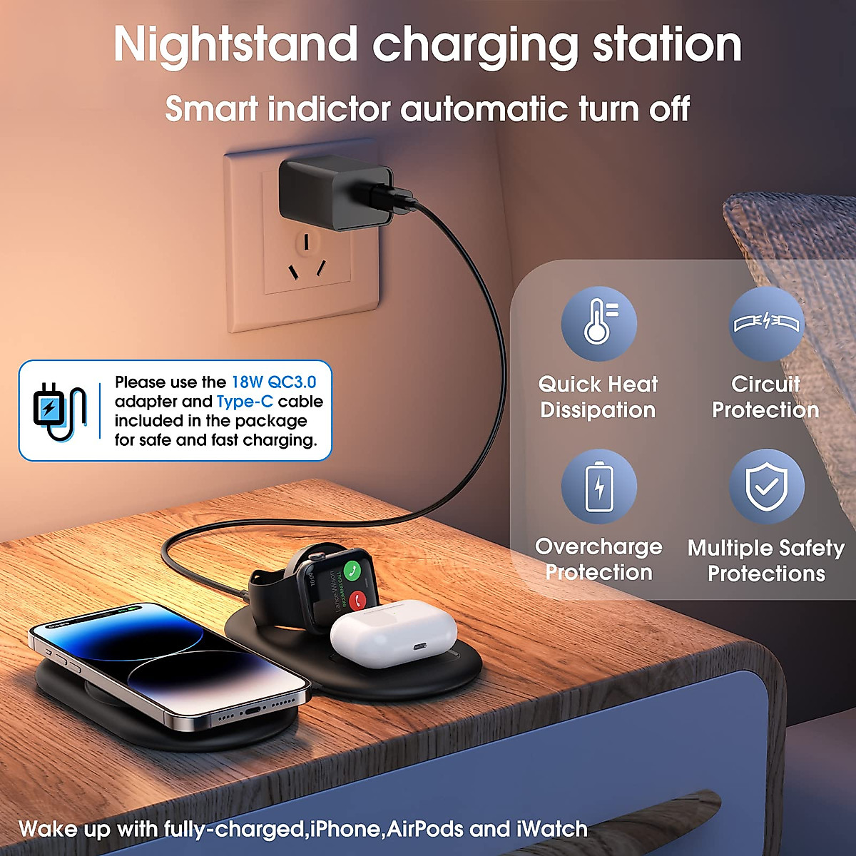 Wireless Charging Station, Folding Magnetic Travel Wireless Charger Pad for Apple, Fast Charging Station for iPhone 15/14/13/Pro Max, Compatible with Apple Watch Ultra/9/8/7 AirPods 3/Pro, Charger-Pad