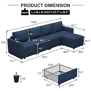 Belffin Fabric Convertible Modular Sectional Sofa Couch Modern L Shaped Sofa with Ottomans 5 Seater Sofa Sectionals Sleeper Couch with Reversible Chaise and Storage Drawers for Living Room Blue
