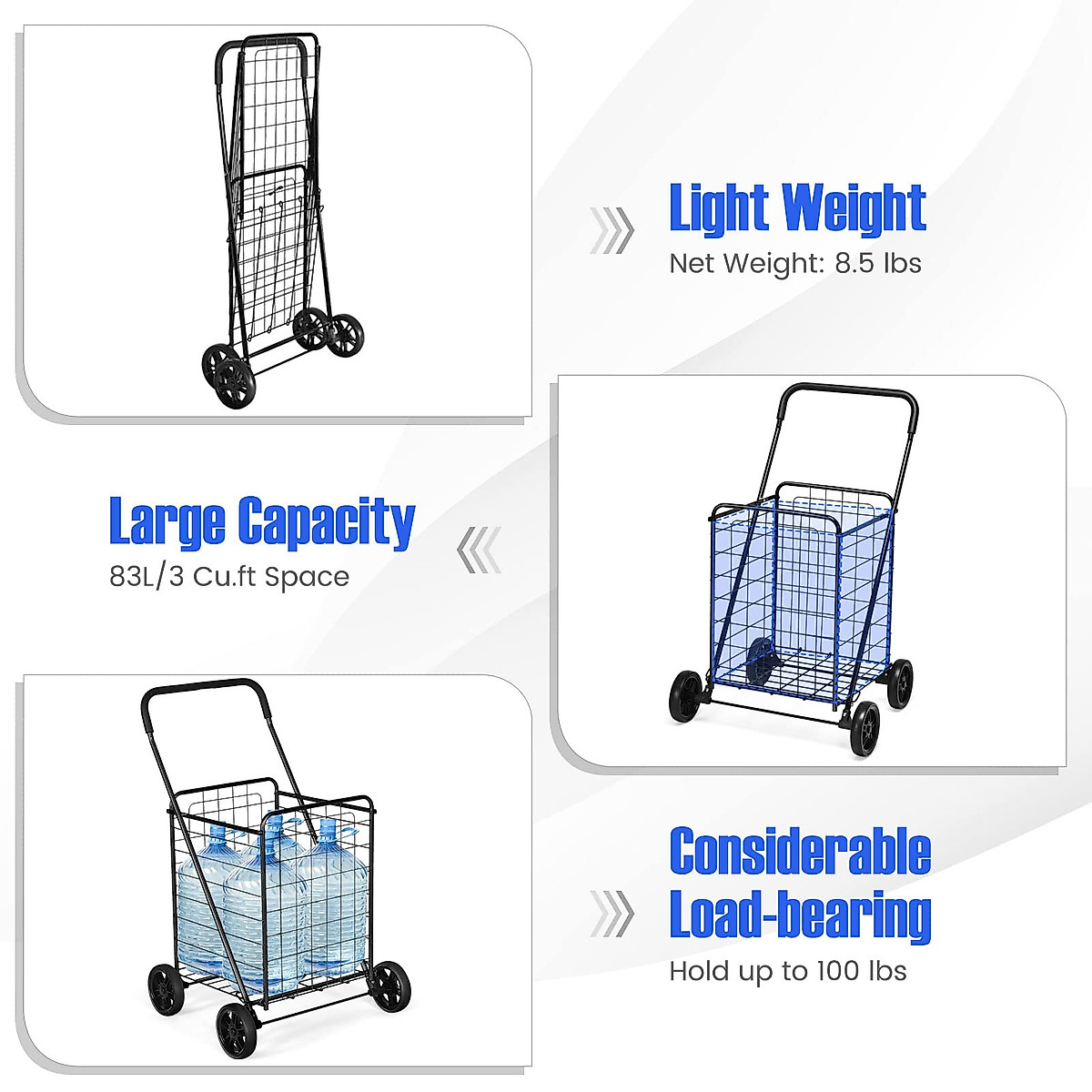 COSTWAY Folding Shopping Cart, Heavy Duty Grocery Utility Cart with Foam Wrapped Handle & Large Wheels, Versatile Rolling Cart with 22 Gal Metal Basket for Warehouse, Supermarket & Laundry