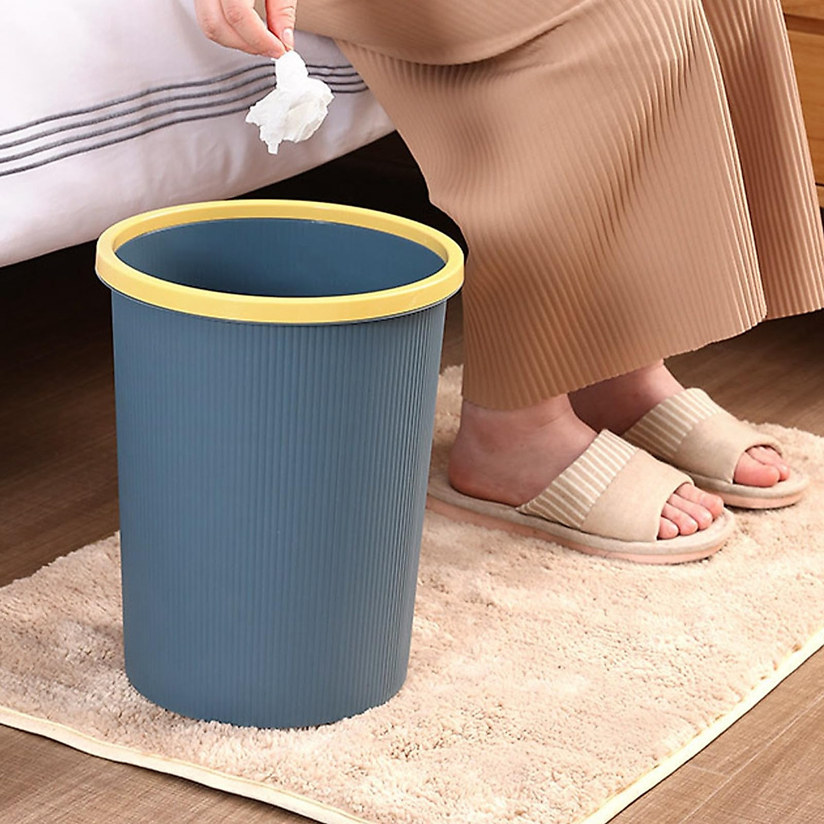 CHEOTIME Small Trash Can Cylindrical Trash Can Plastic Wastebasket Can Hold Trash Bags Suitable for Bathroom Bedroom Kitchen Home Office(Small Dark Blue)