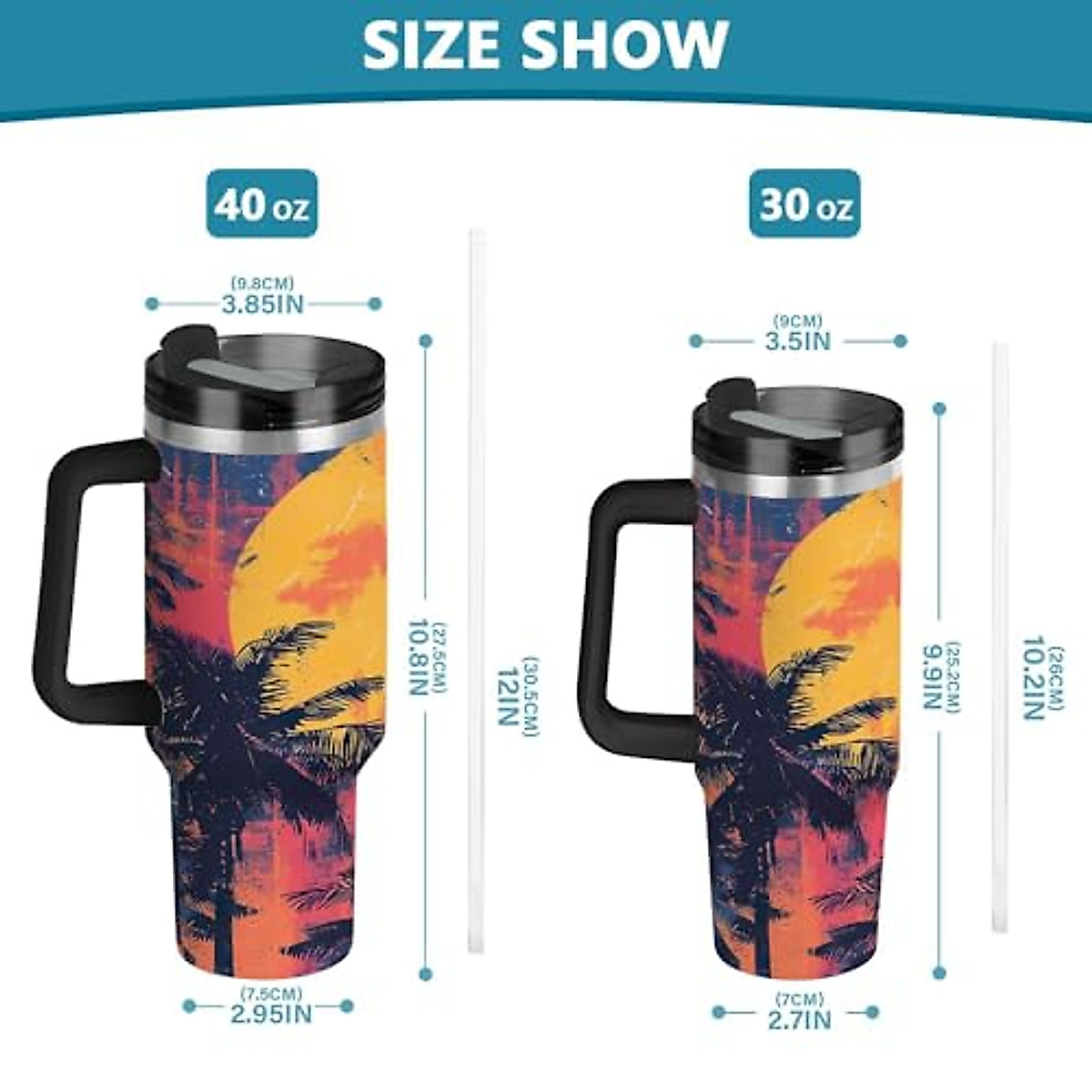 FRCSDIY Coconut Trees and The Sun Insulated Tumbler with Handle and Straw Lid,30oz Leakproof Stainless Steel Cup BPA-Free Water Bottle