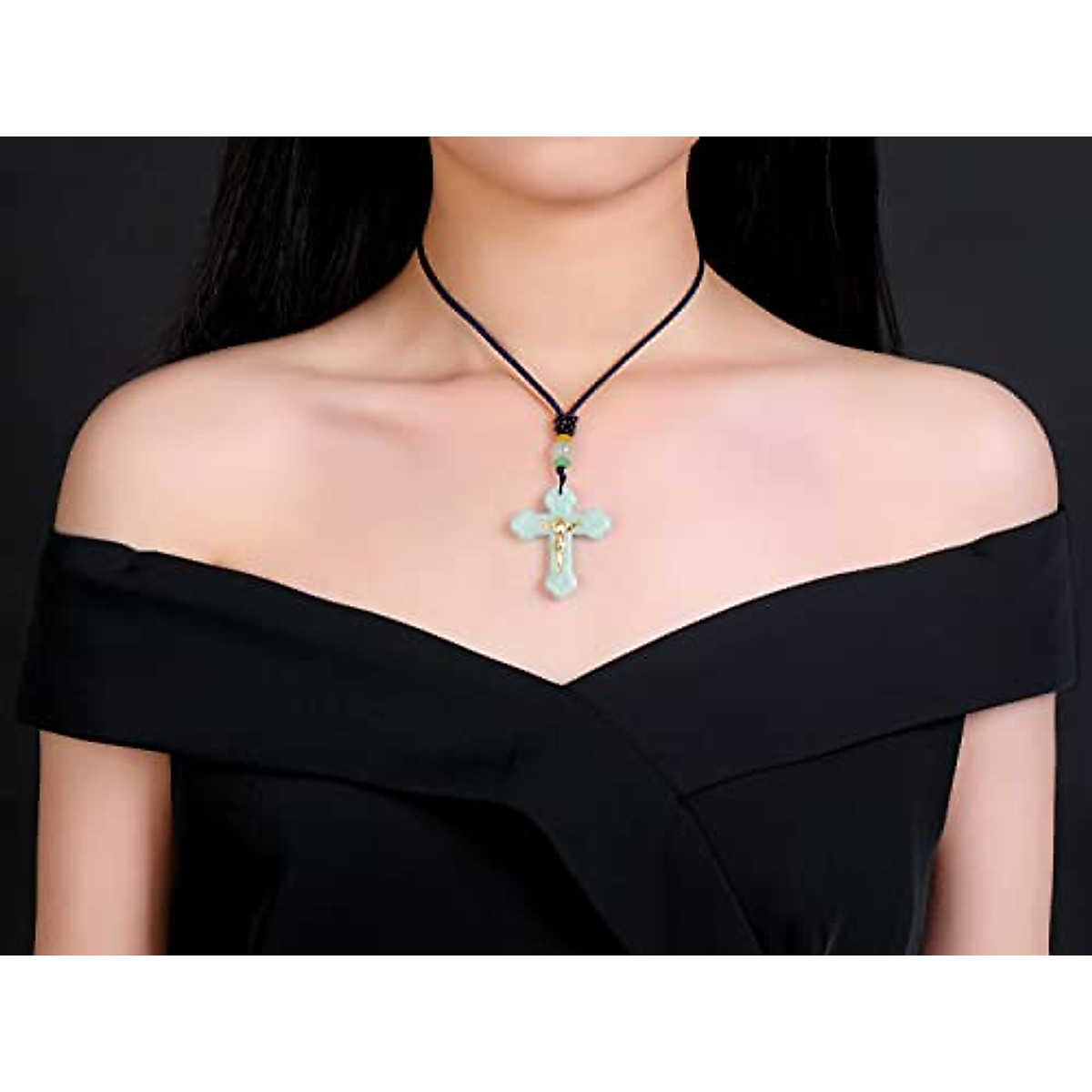 Jade Cross Jesus Necklace Pendant Inlaid with 22K Gold Good Luck Charm Jade Jewelry (Green Cross)