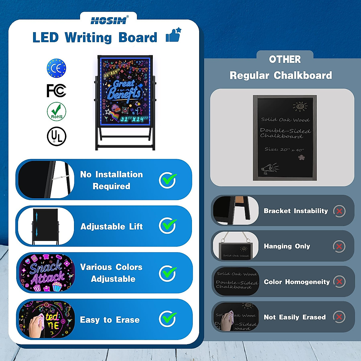 Hosim Standing A-Frame LED Message Writing Board, 24” x 16" Illuminated Erasable Neon Effect Restaurant Menu Sign, Flashing Mode DIY Message Chalkboard for Kitchen Wedding Promotions