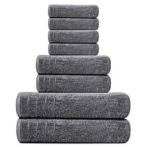 Tens Towels Pack of 8 Towels Set, 2 Extra Large Bath, 2 Hand, 4 Washcloths, 100% Cotton, Lighter Weight, Quicker to Dry, Super Absorbent, Perfect for Bathroom, Dark Grey