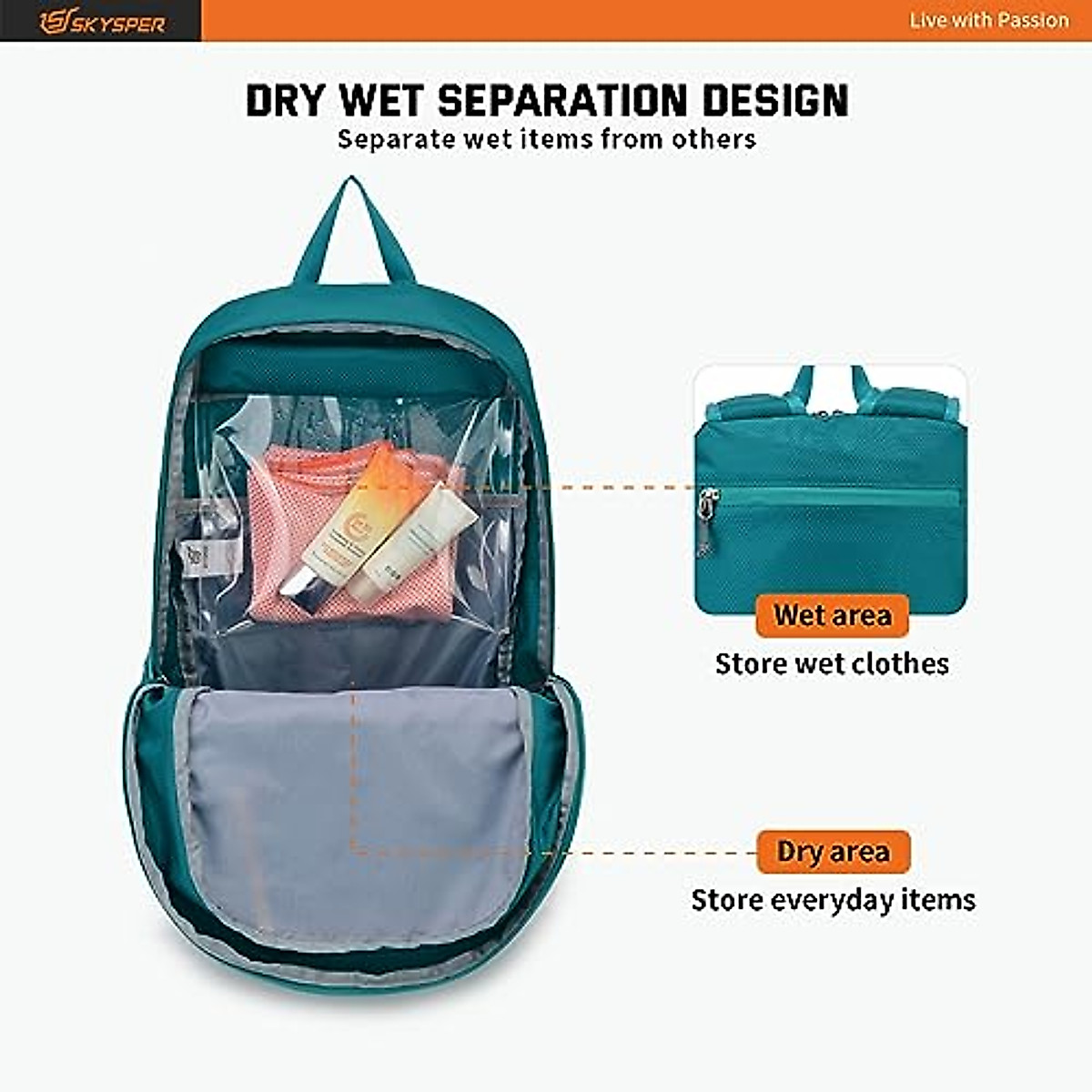 SKYSPER Packable Hiking Backpack 40L Lightweight Waterproof Backpack Travel Daypack for Men Women(Cyan)
